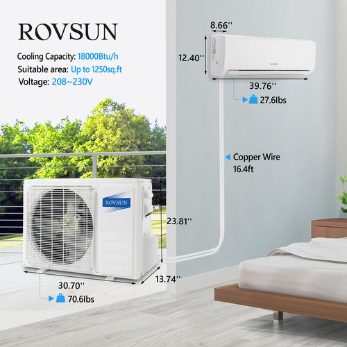 ROVSUN 18,000 BTU Mini Split Air Conditioner with Heat 230V - Wifi