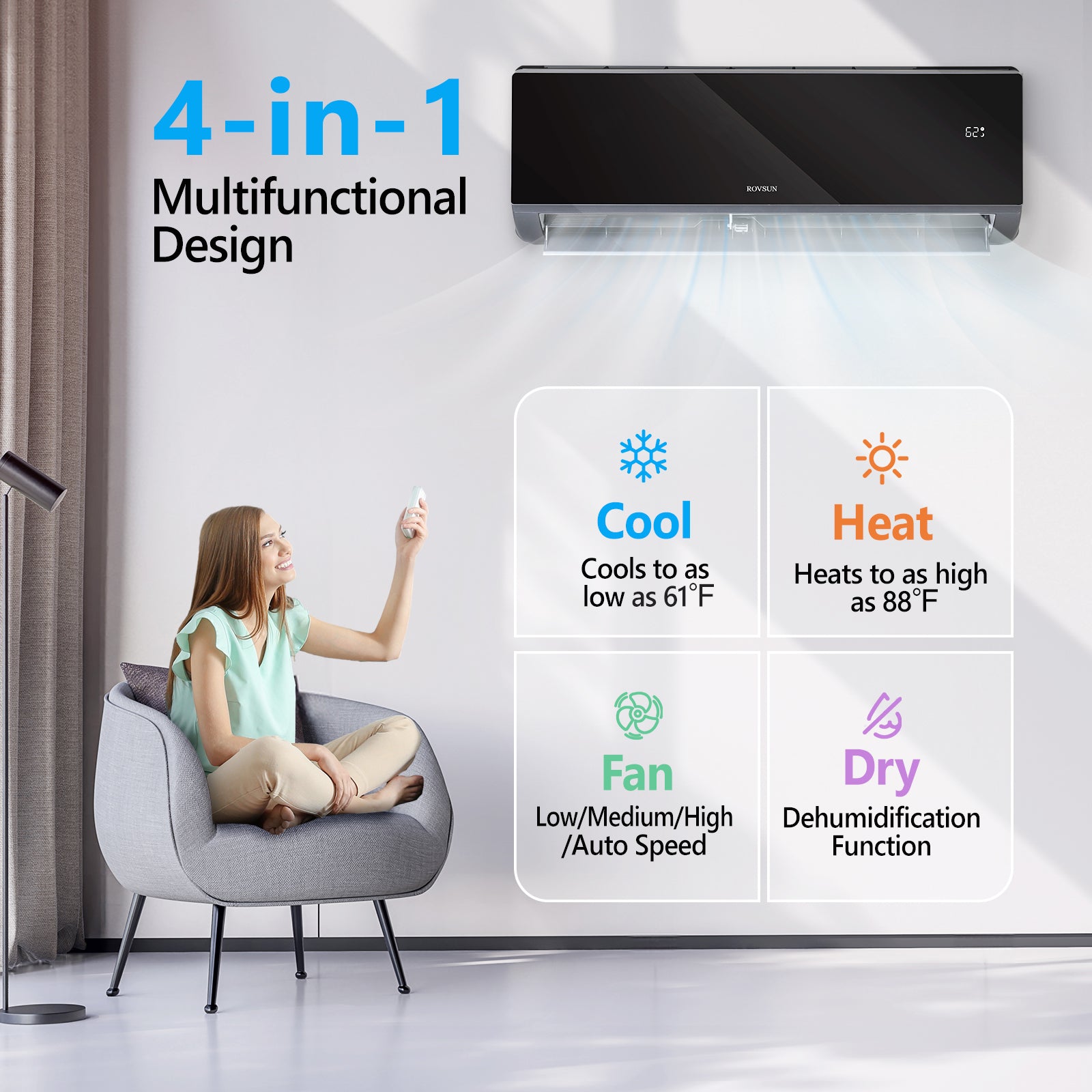 ROVSUN 9,000 BTU Black Mini Split Air Conditioner with Heat 115V - Wifi