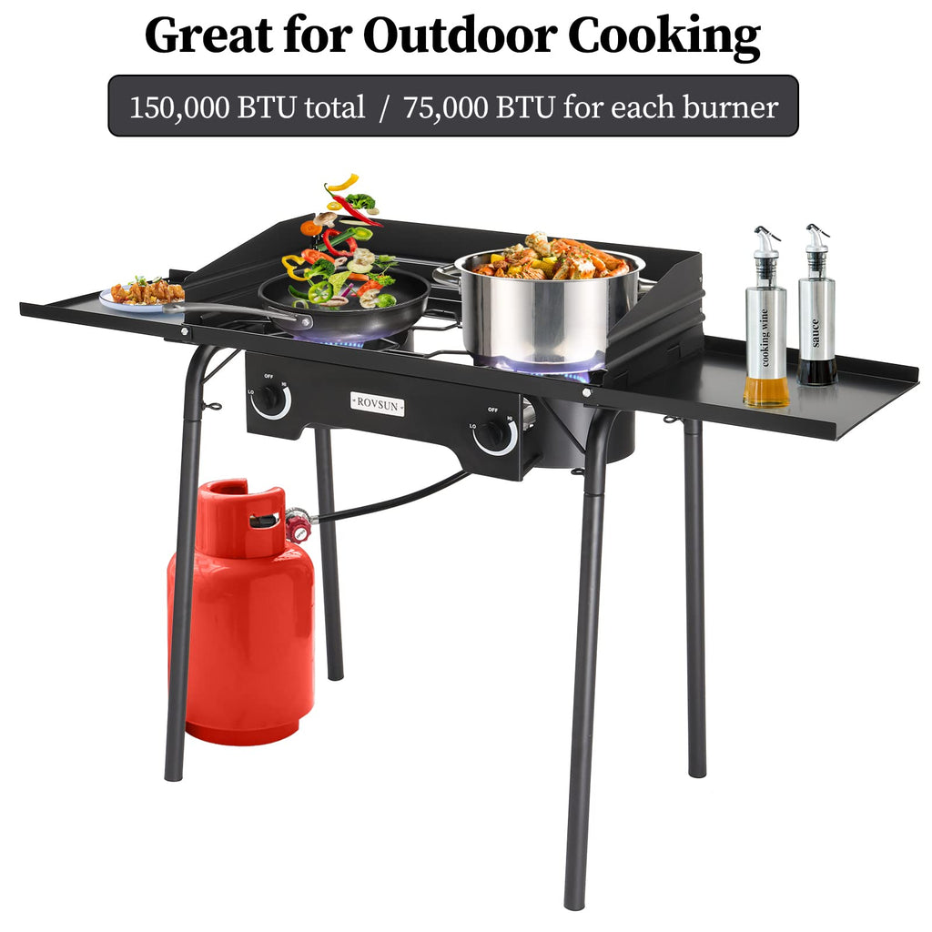 ROVSUN 2 Burner 150,000 BTU Outdoor Propane Stove with Windpanel & Side Shelves & Carrying Bag