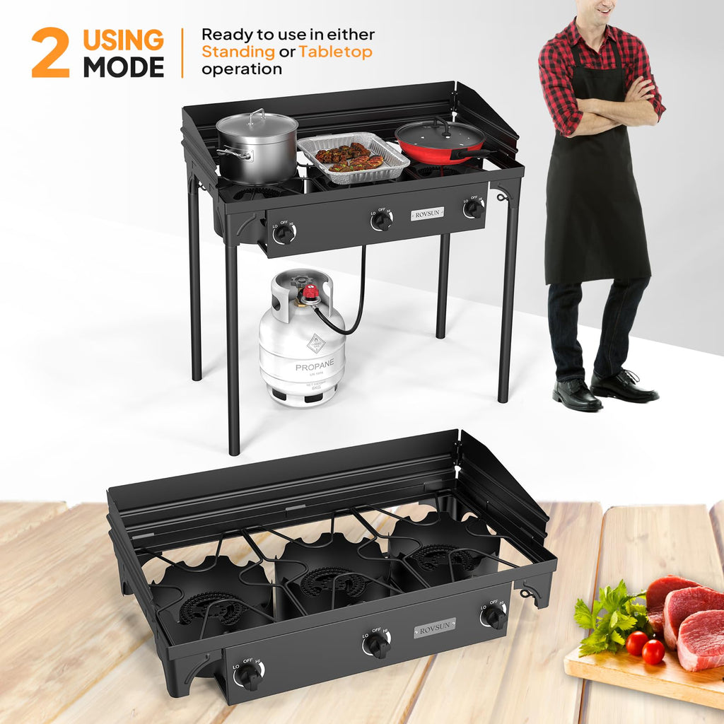 ROVSUN 3 Burner 225000 BTU Outdoor Propane Stove with Windpanel & Carrying Bag