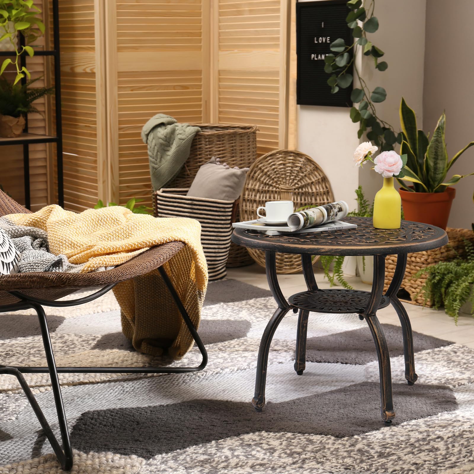 VINGLI 22 Cast Aluminum Outdoor Side Table All Weather Patio Sidetable Outdoor End Table for Patio Garden Balcony Deck Bronze Round