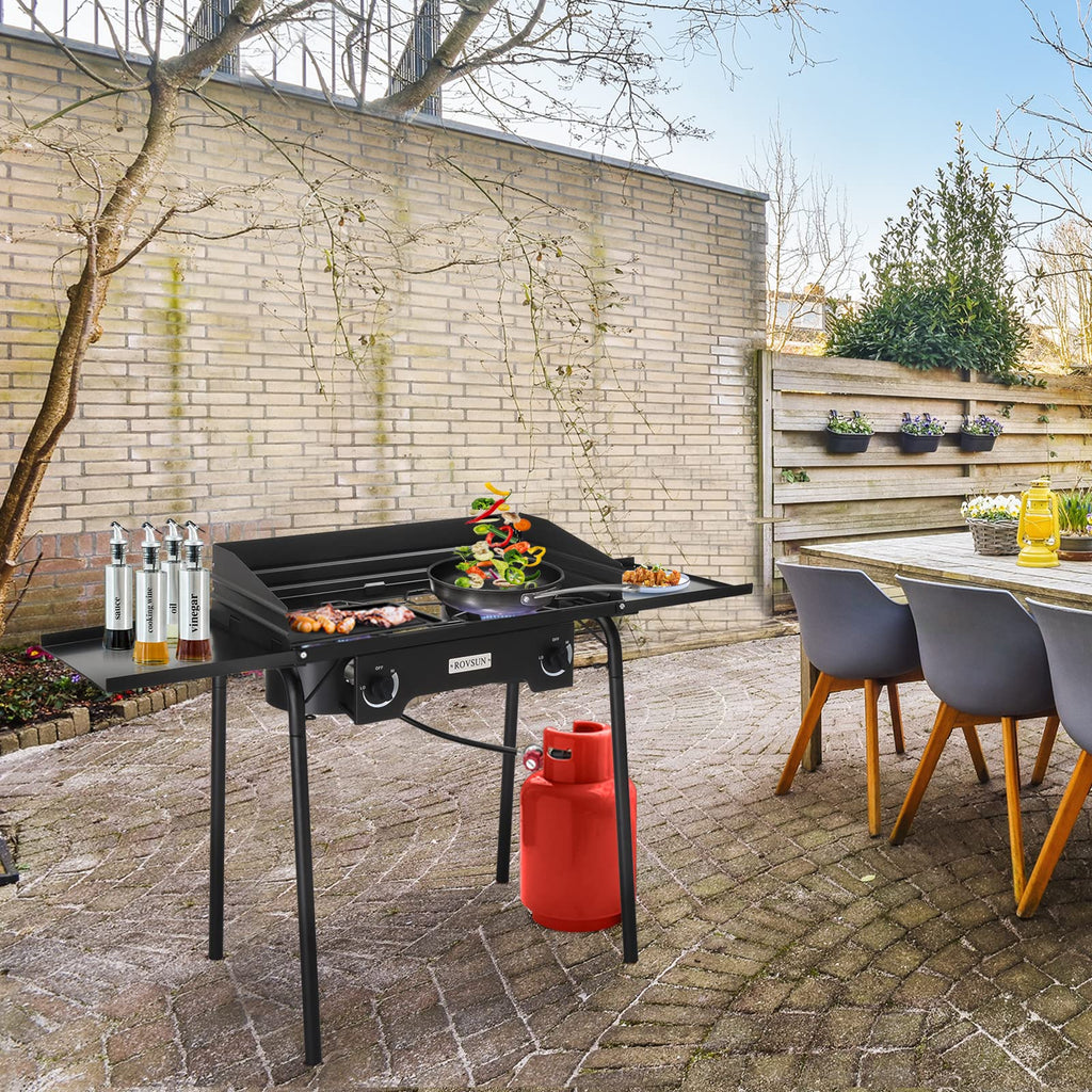 ROVSUN 2 Burner 150,000 BTU Outdoor Propane Stove with Windpanel & Side Shelves & Carrying Bag