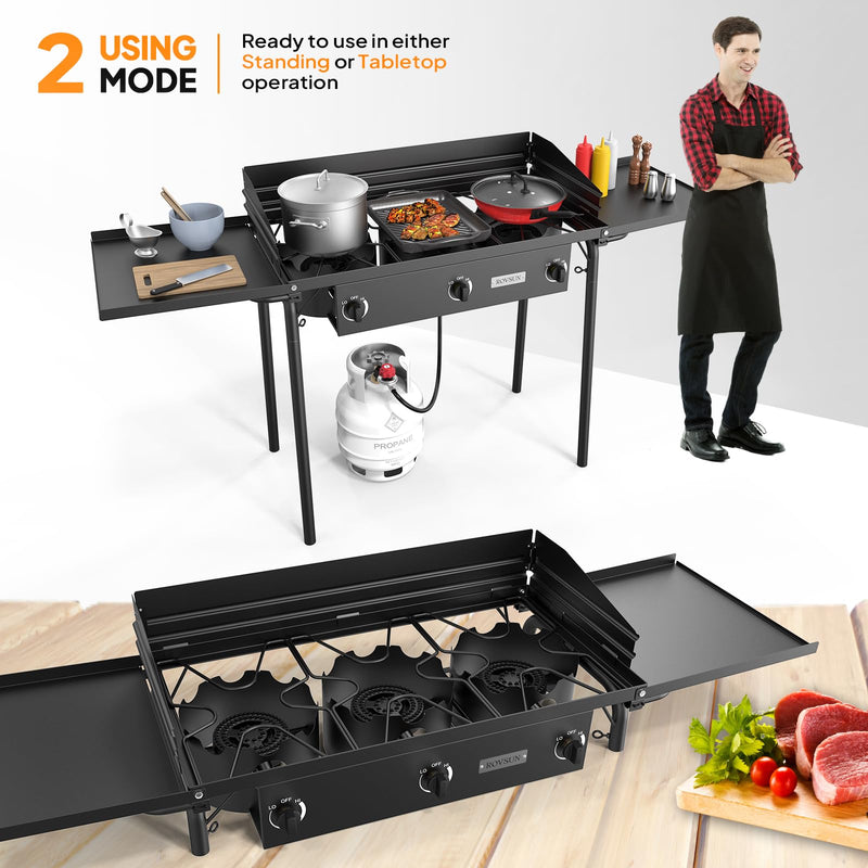 ROVSUN 3 Burner 225000 BTU Outdoor Propane Stove with Windpanel & Side Shelves & Carrying Bag