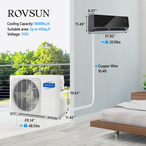 ROVSUN 9,000 BTU Black Mini Split Air Conditioner with Heat 115V - Wifi