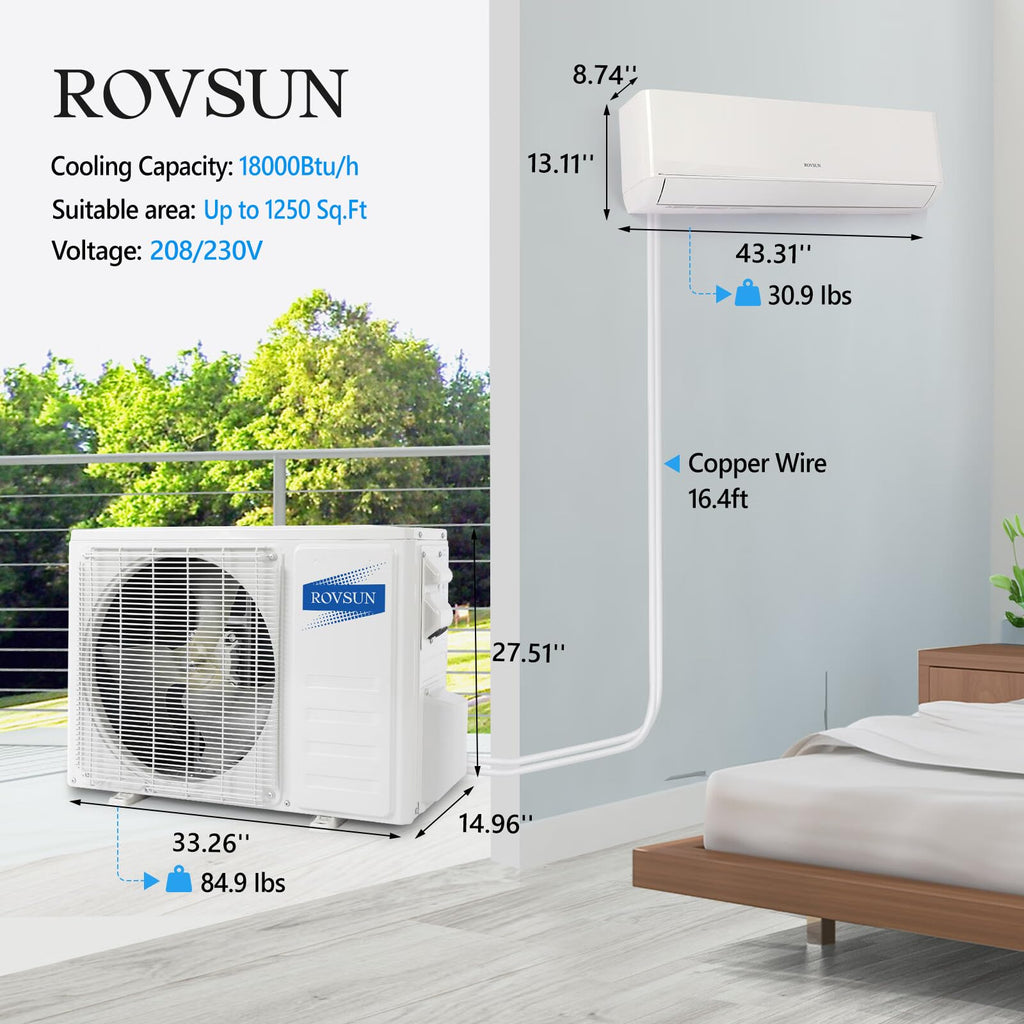 ROVSUN 18,000 BTU Mini Split Air Conditioner with Heat 230V - Wifi | 23 SEER2