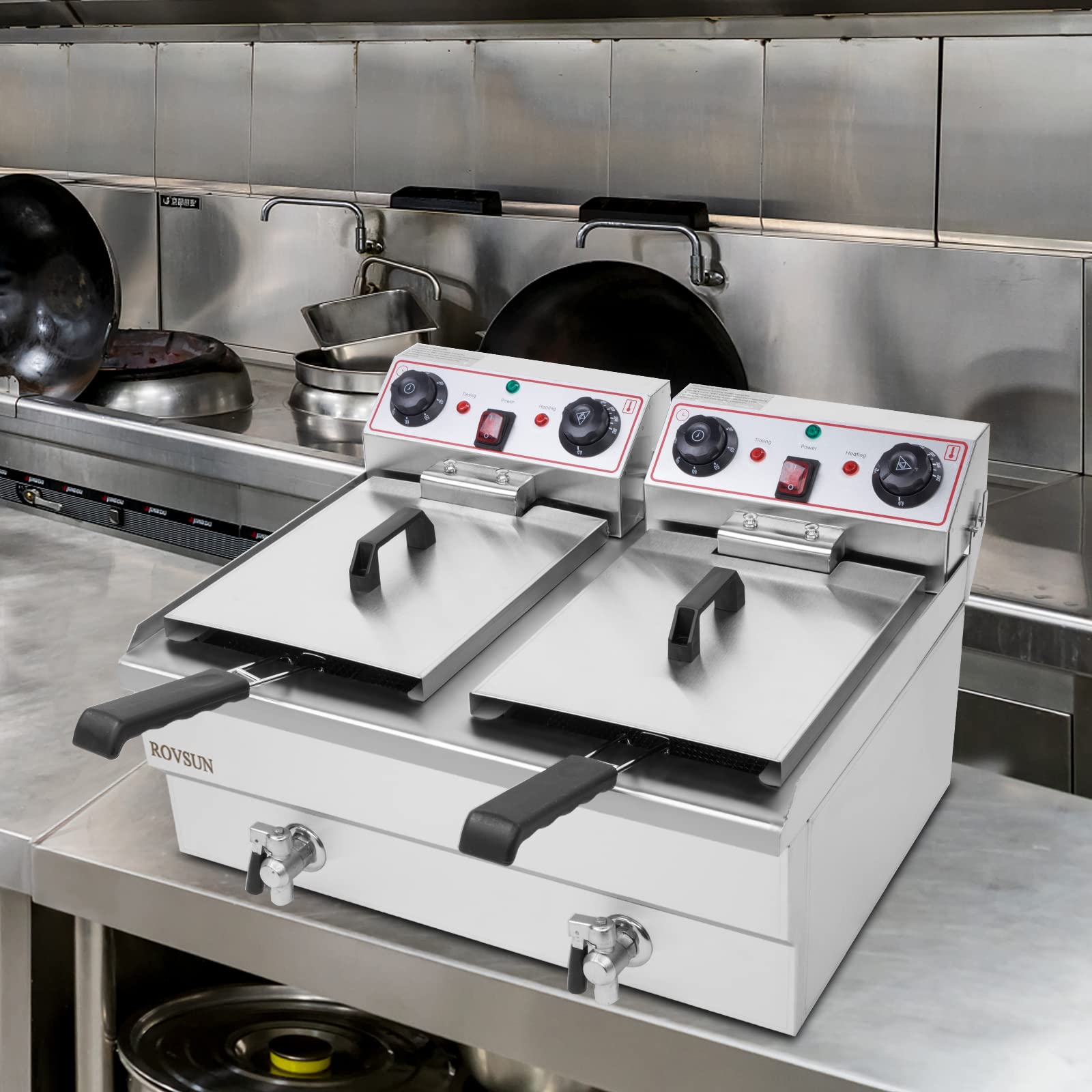 ROVSUN 24.9QT Double Tank Electric Deep Fryer with Timer & Oil Drain