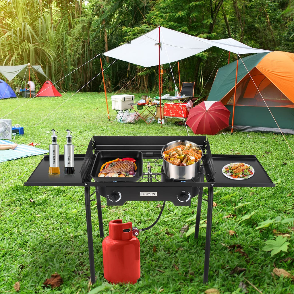 ROVSUN 2 Burner 150,000 BTU Outdoor Propane Stove with Windpanel & Side Shelves & Carrying Bag